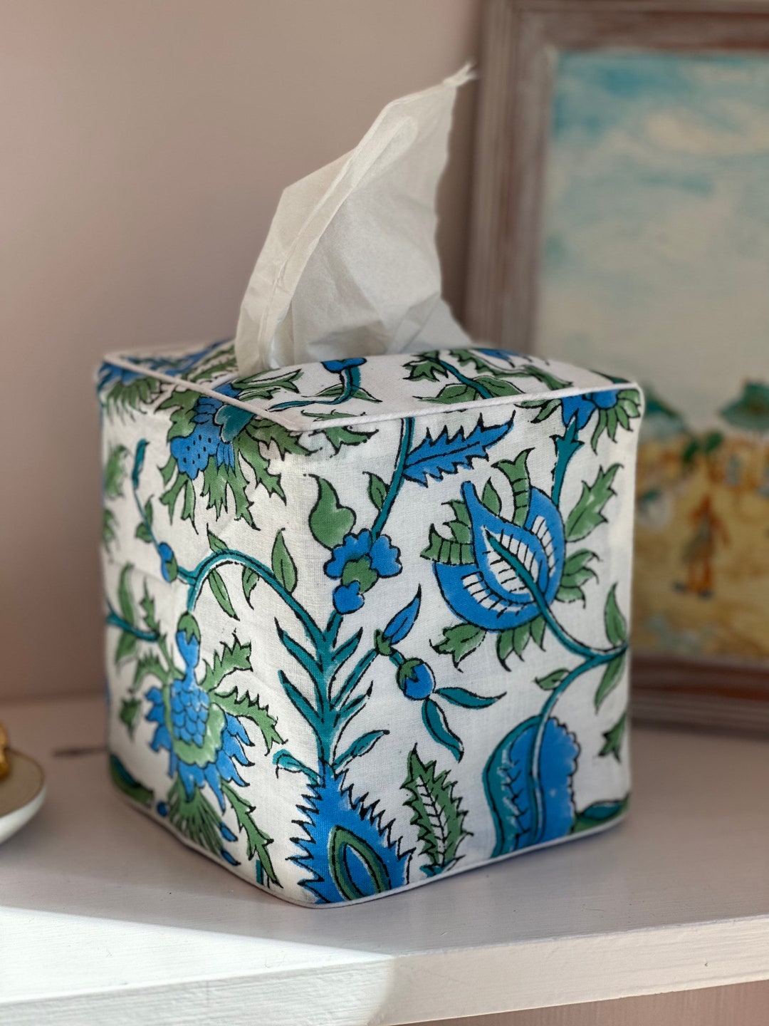 Hand Block Print Cotton Tissue Box Cover: Blue Green Floral - Etsy