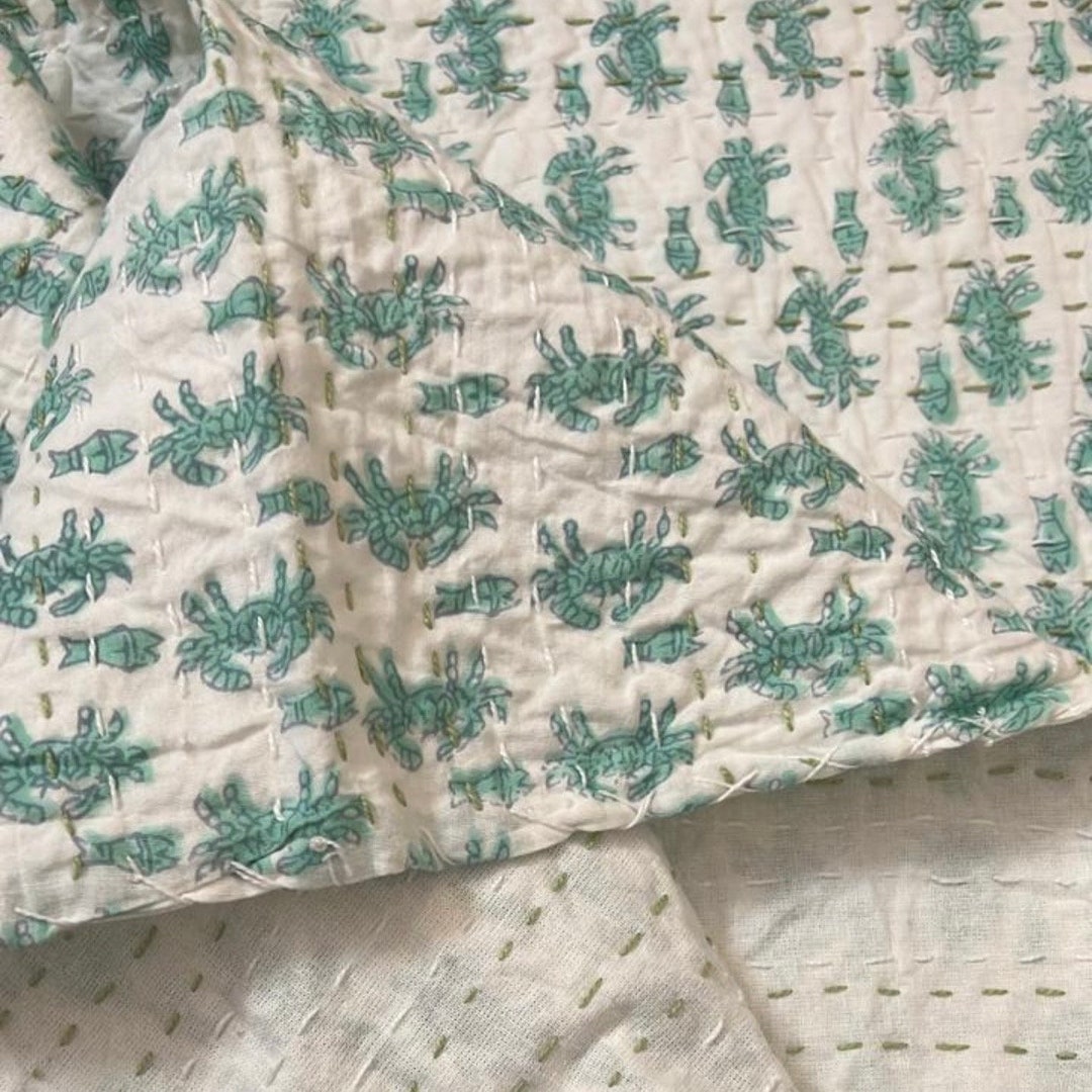 Hand Block Print Cotton Coverlet | Crab Quilt | Hand Stitched | Indian ...