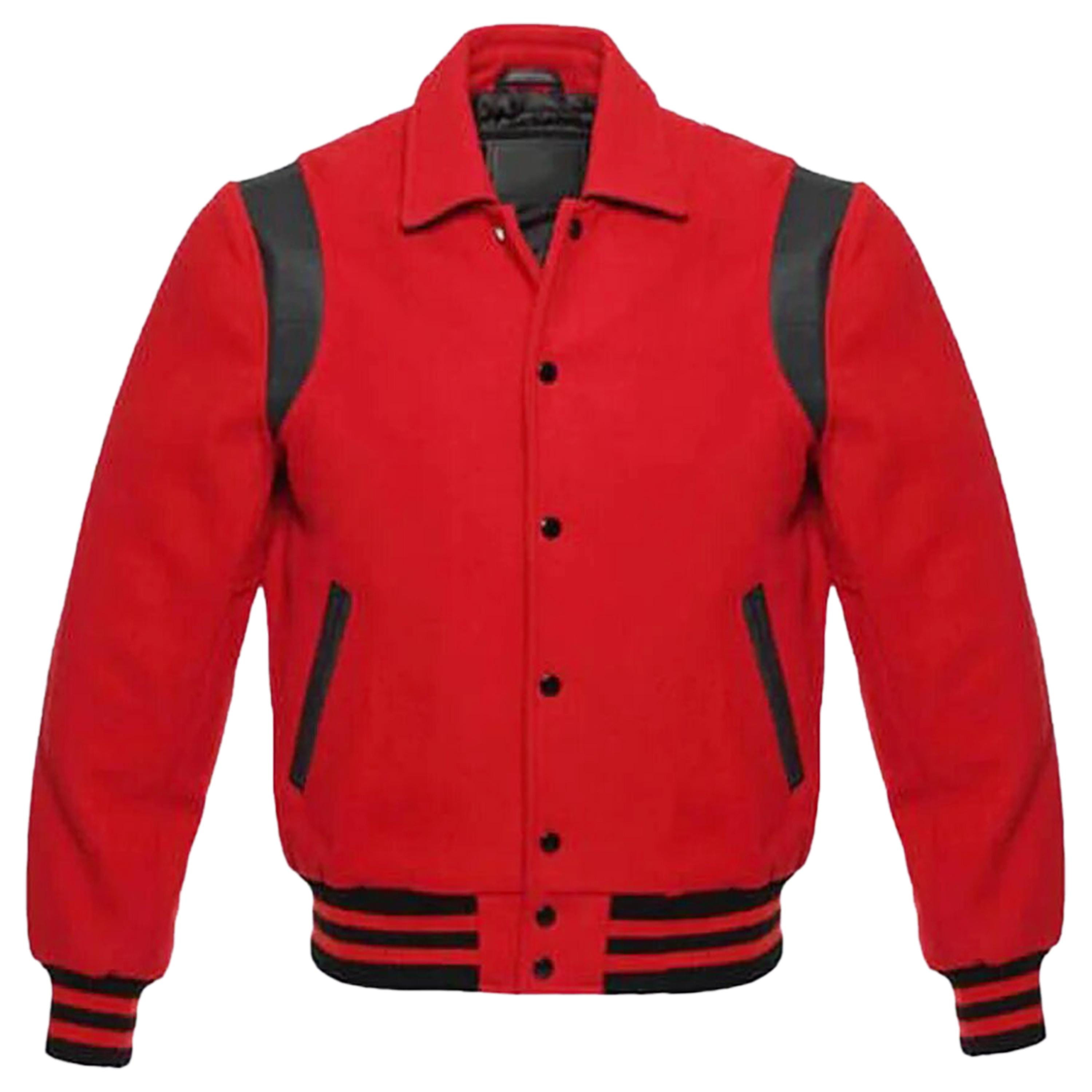 Red Melton Wool Letterman Jacket: Black Leather Sleeves Varsity Bomber ...