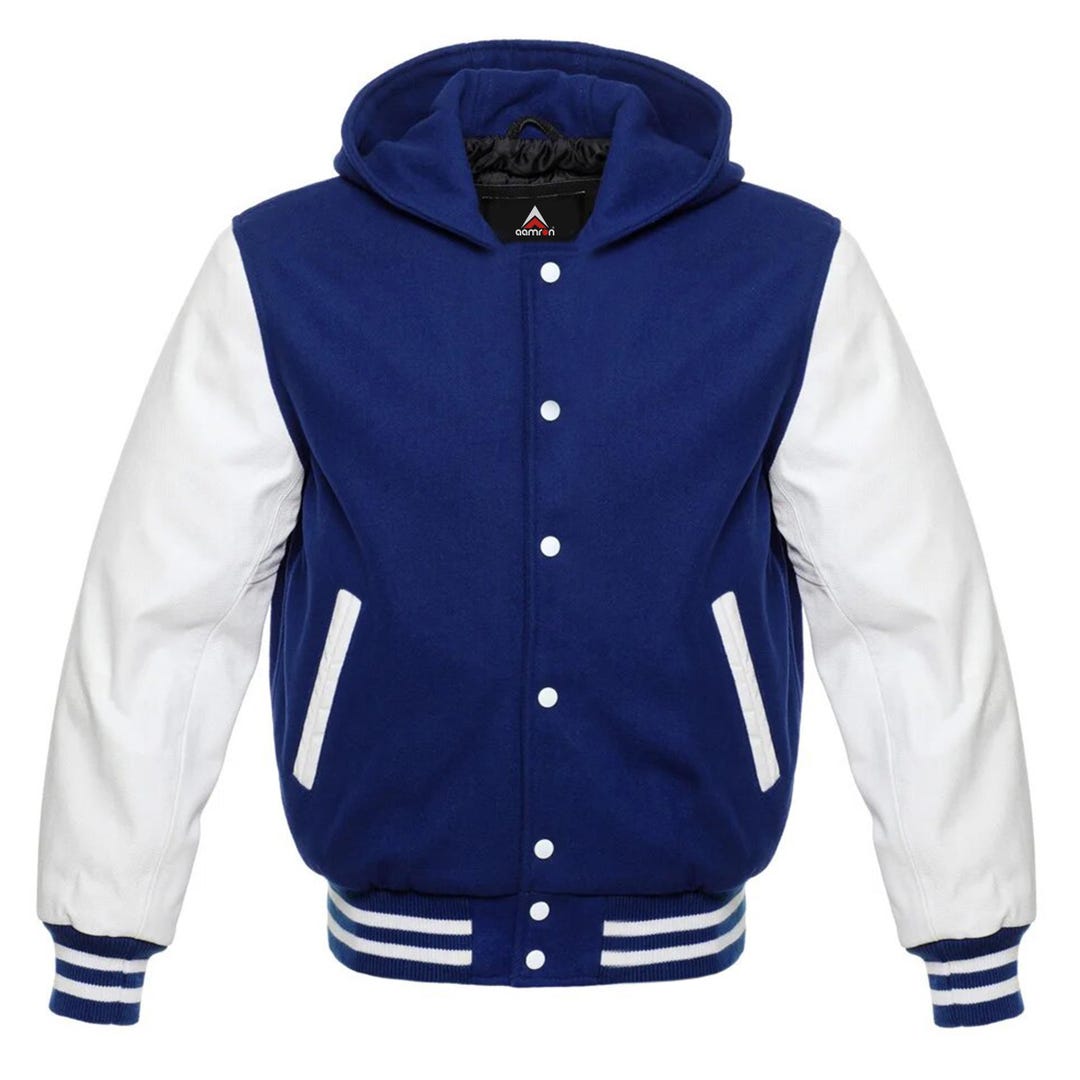 Customized Men's Hoodie Varsity Jacket | Navy Blue Wool & White Leather ...