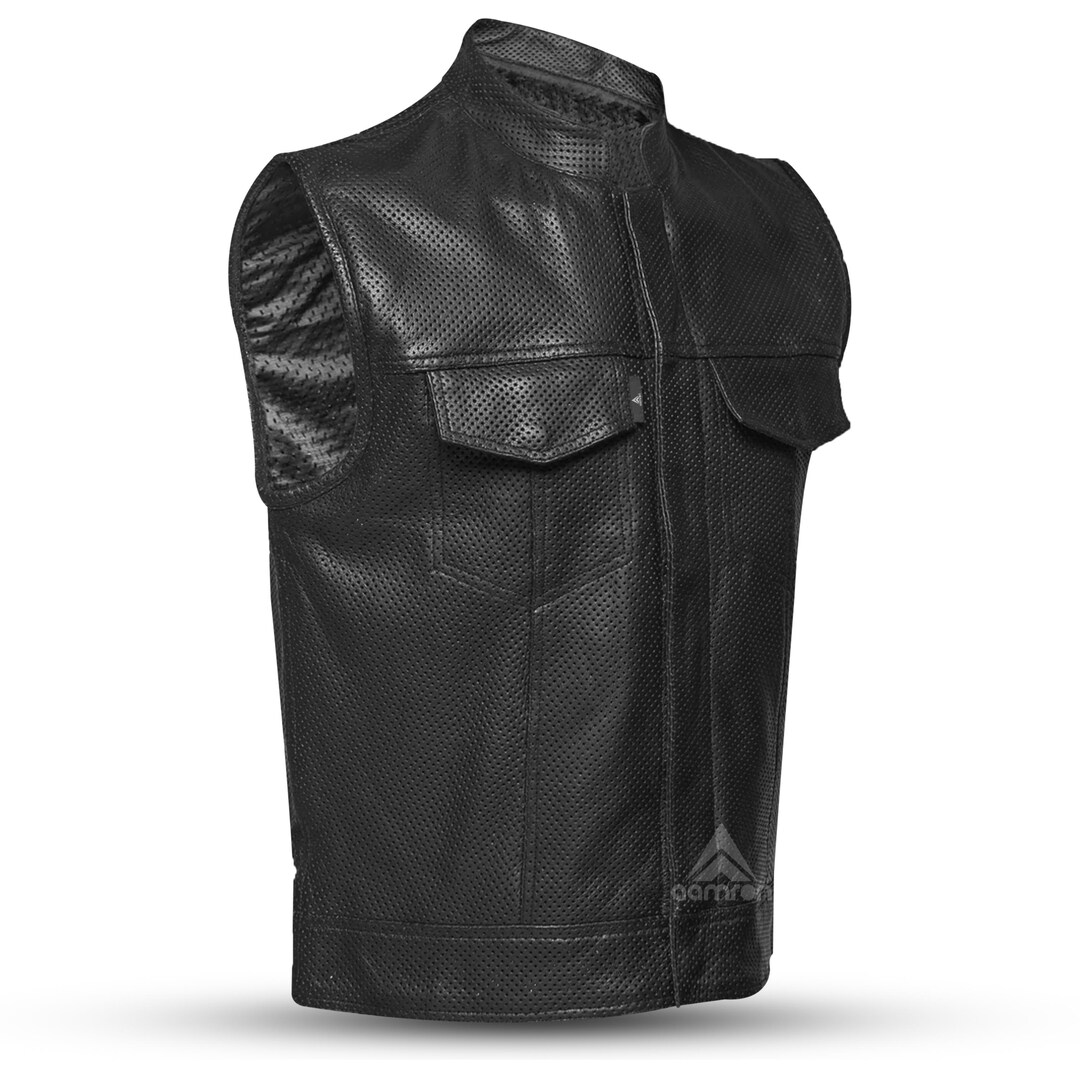 Aamron Perforated Black Leather Motorcycle Vest: Mens Outlaw Biker ...