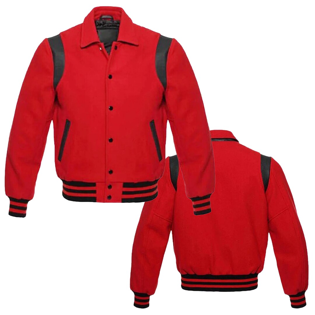 Red Melton Wool Letterman Jacket: Black Leather Sleeves Varsity Bomber ...