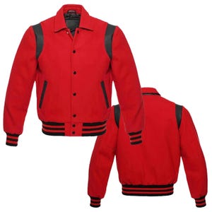 Red Melton Wool Letterman Jacket: Black Leather Sleeves Varsity Bomber ...