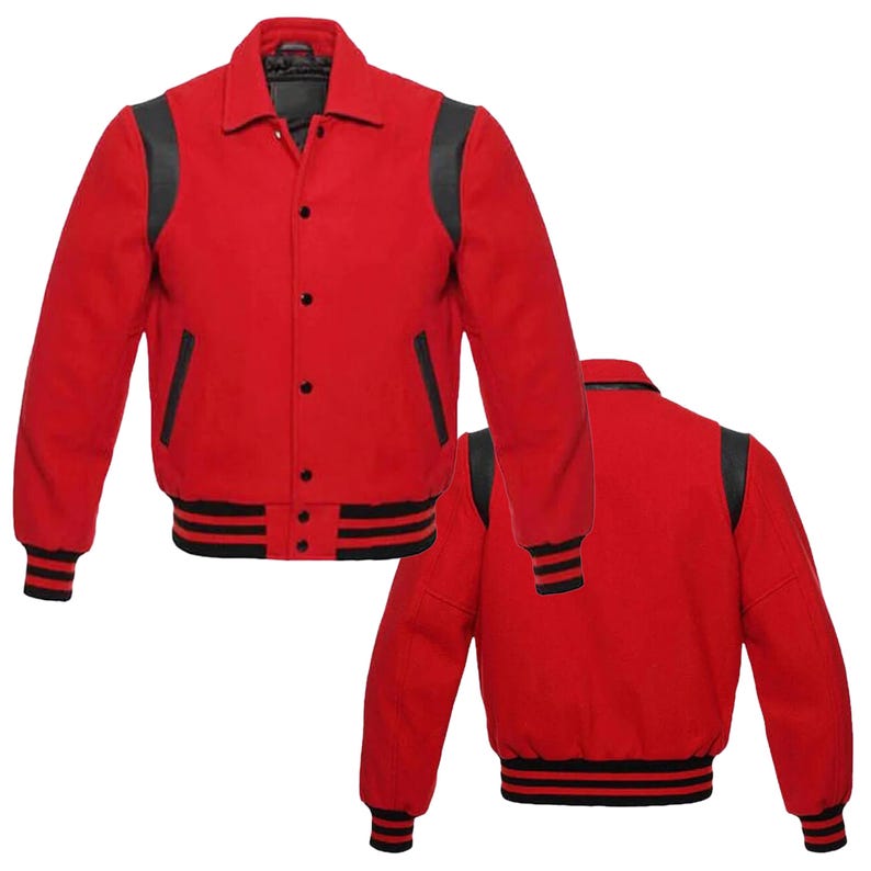 Red Melton Wool Letterman Jacket: Black Leather Sleeves Varsity Bomber ...