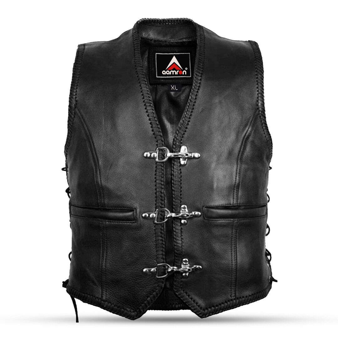Aamron® Black Cowhide Leather Biker Vest: Rocker Style With Side Laces ...