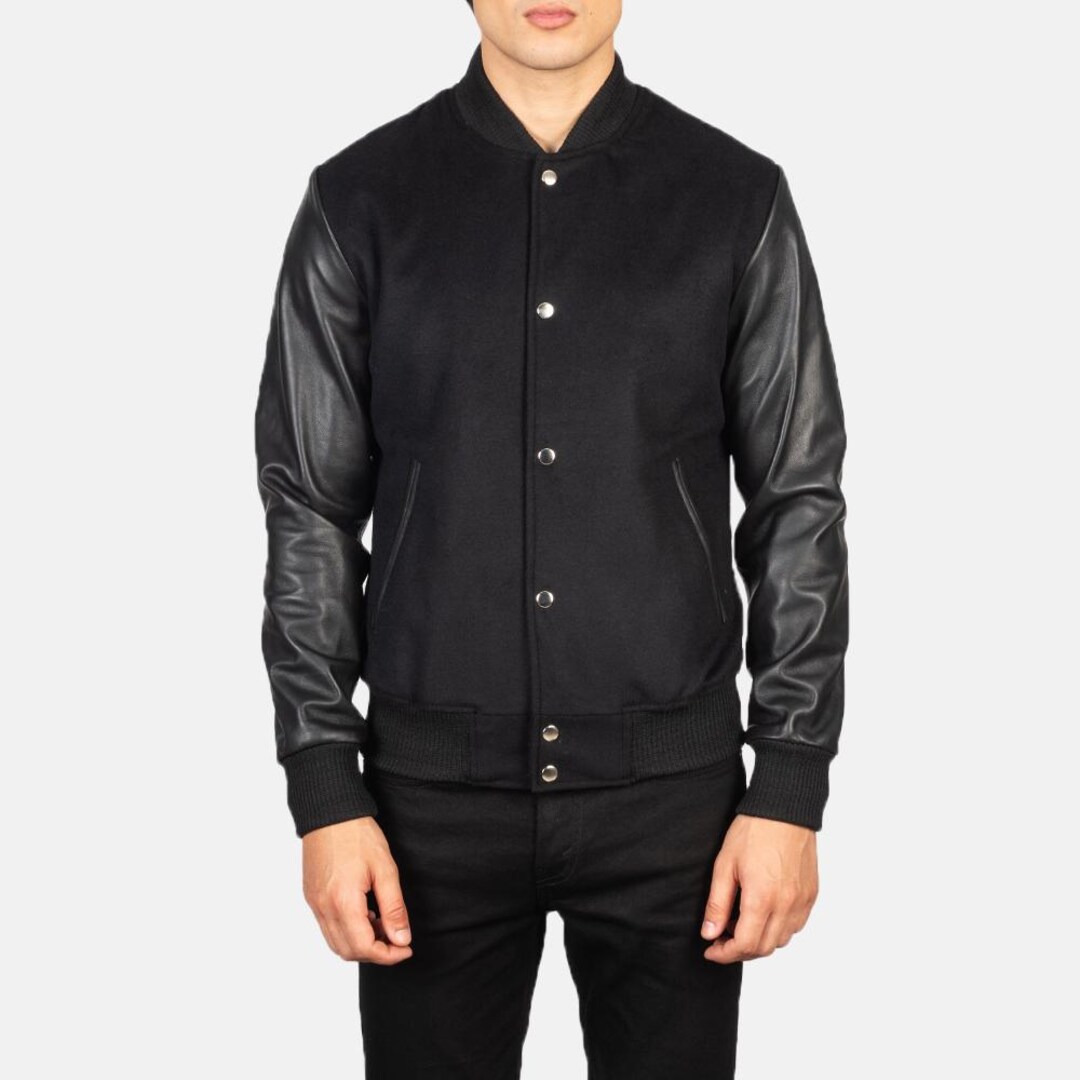 Black Varsity Jacket | Black Wool Body and Genuine Leather Sleeve ...
