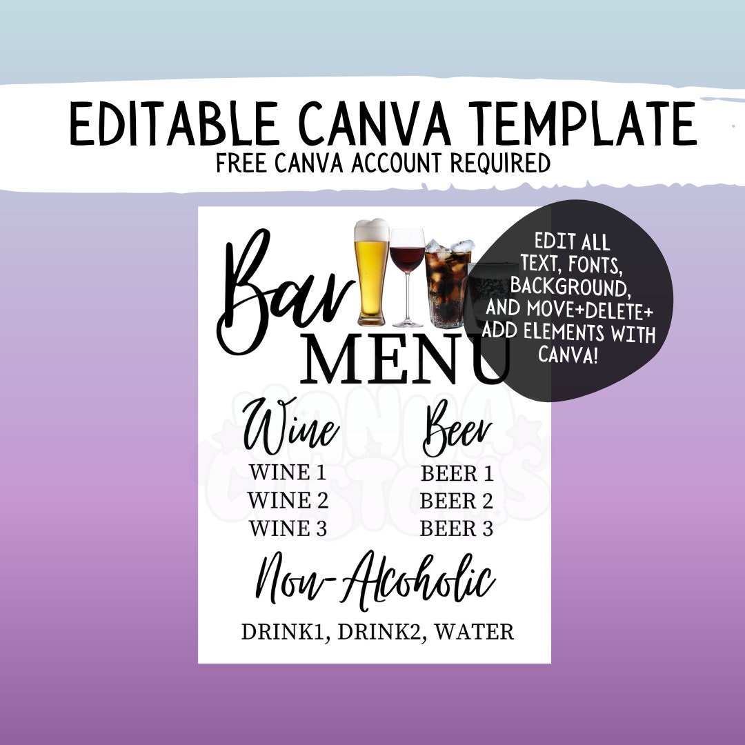 Menú de bar CANVA PLANTILLA Menú de bar editable de - Etsy España
