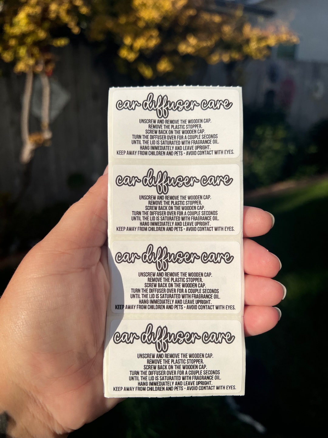 Car Diffuser Care 2.25”x1.25” Thermal Printed Small Business Packaging ...