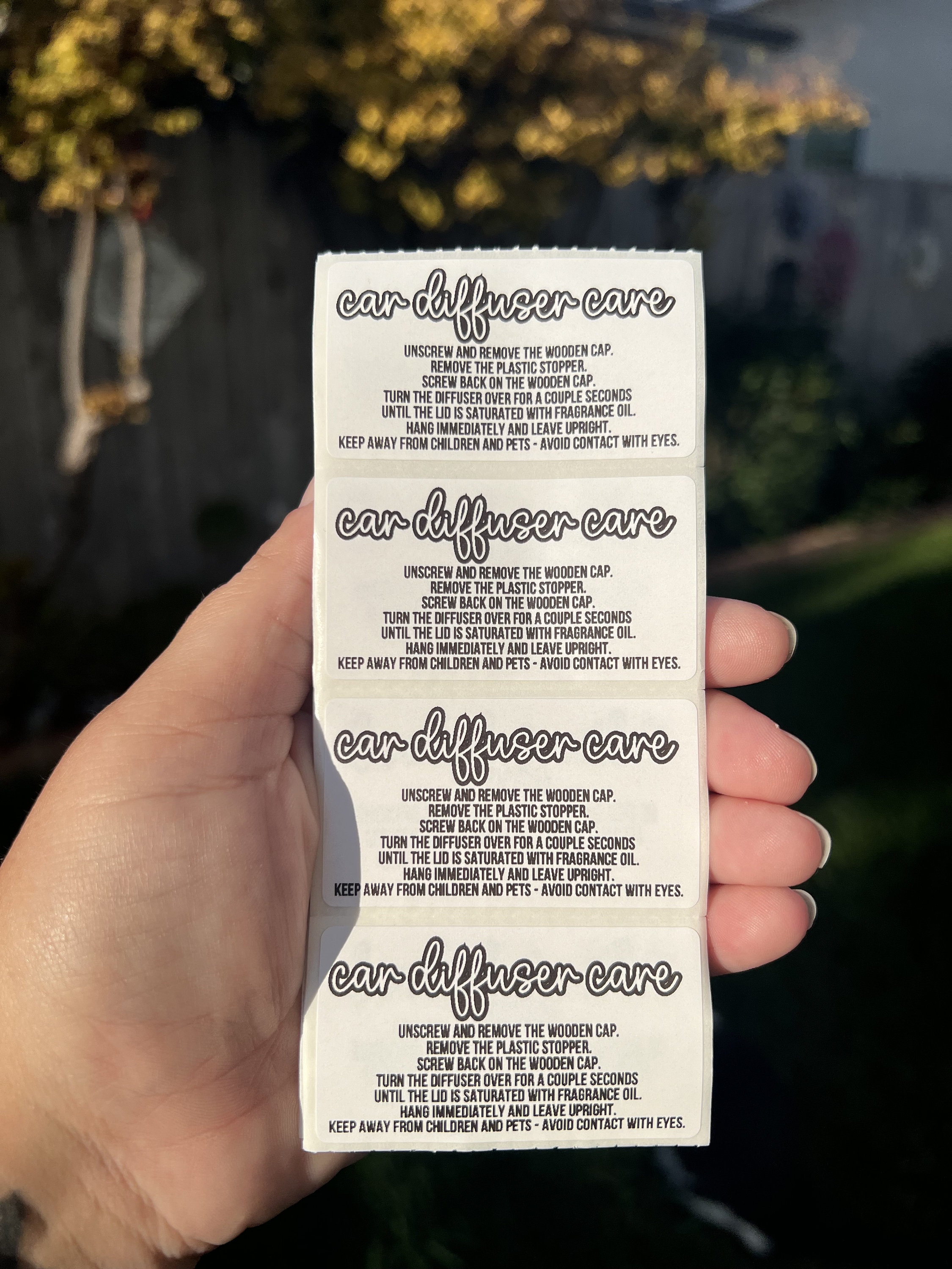 Car Diffuser Care 2.25”x1.25” Thermal Printed Small Business Packaging ...