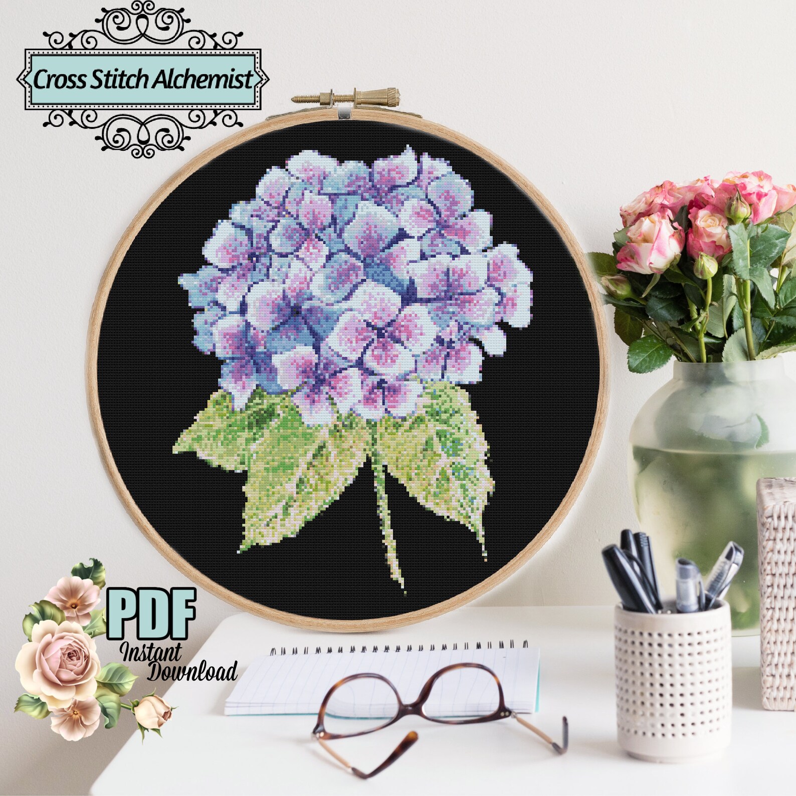 Hydrangea Flower Counted Cross Stitch Pattern, Floral PDF Cross Stitch Pattern, Instant Download ...