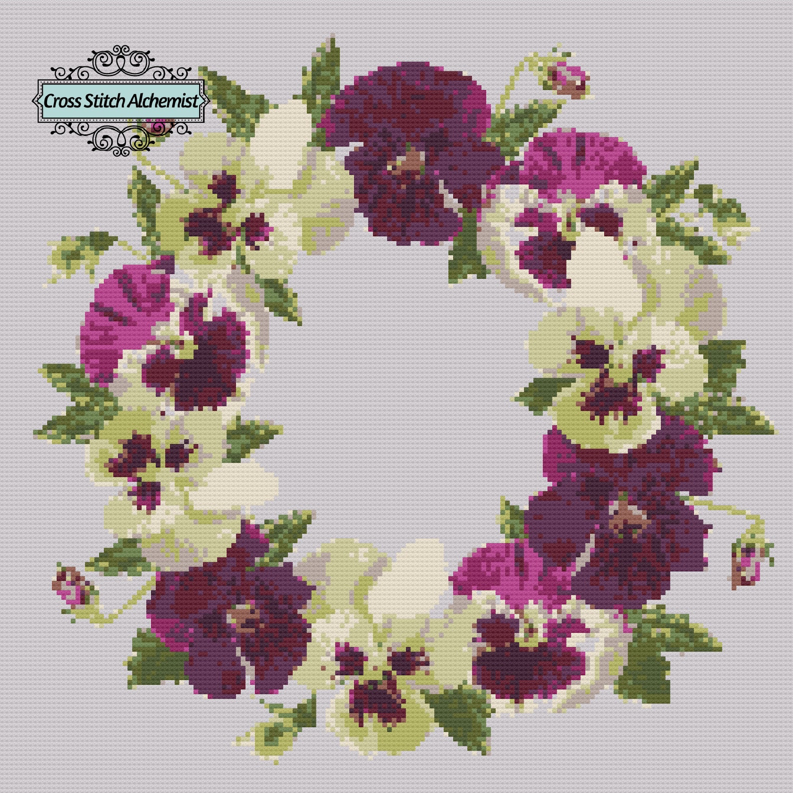 Pansy Cross Stitch, Pansy Wreath Counted Cross Stitch Pattern, Floral ...