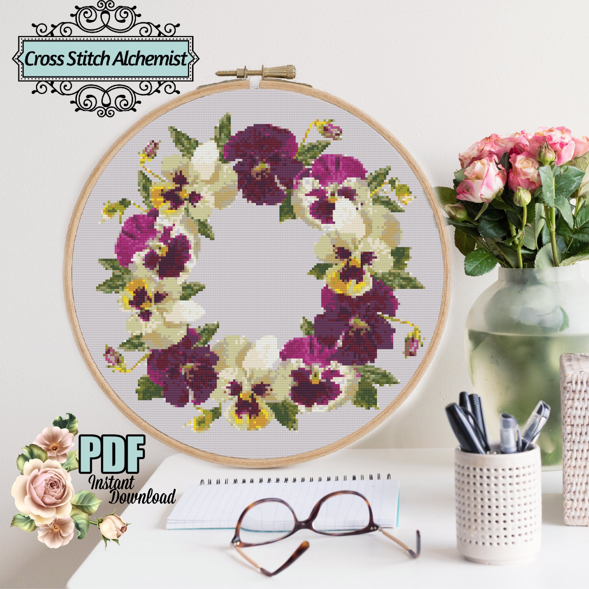 Pansy Cross Stitch, Pansy Wreath Counted Cross Stitch Pattern, Floral ...