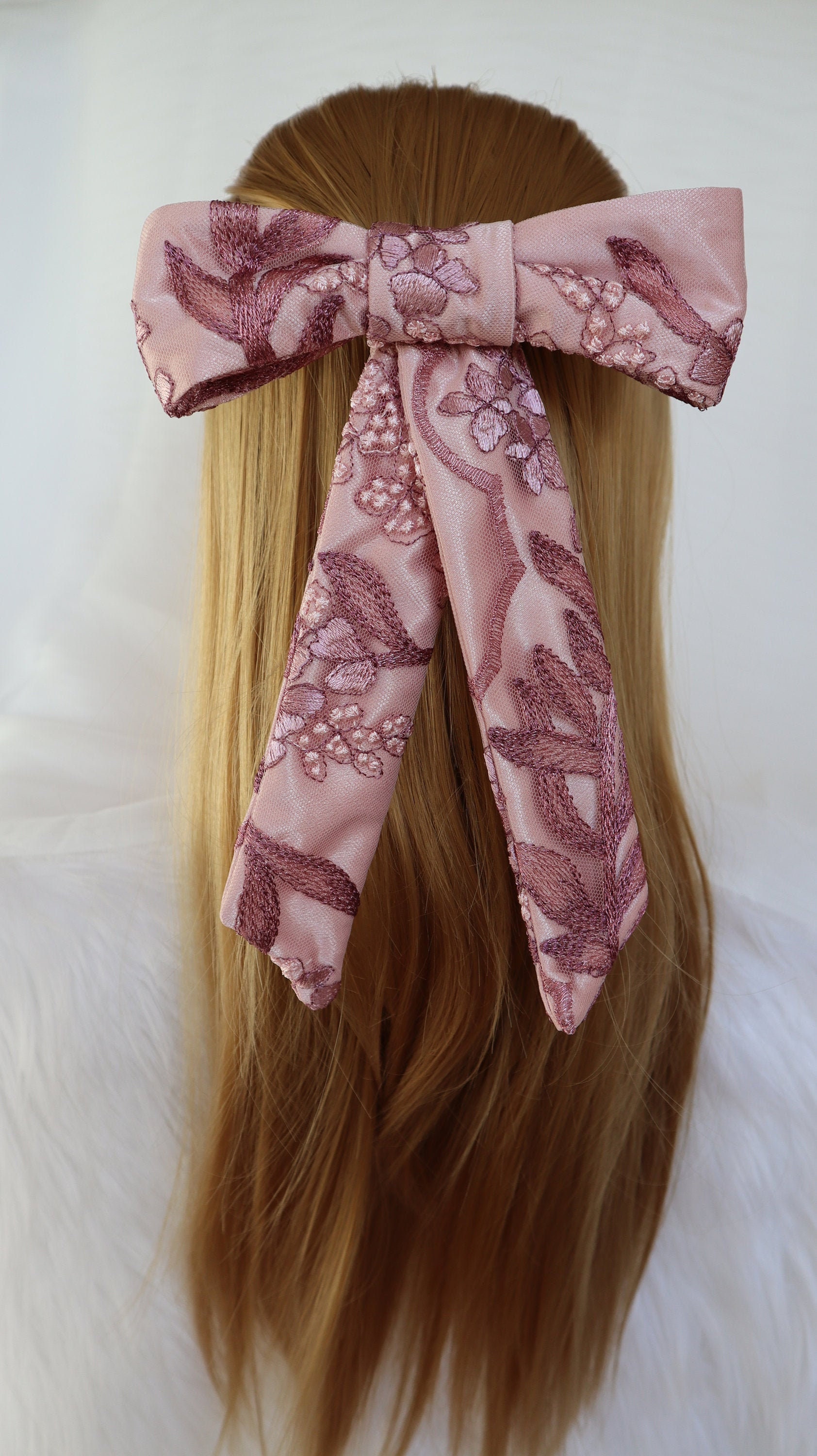 Women's Silk Satin Covered With Embroidery Lace Bow in Pink and Light ...