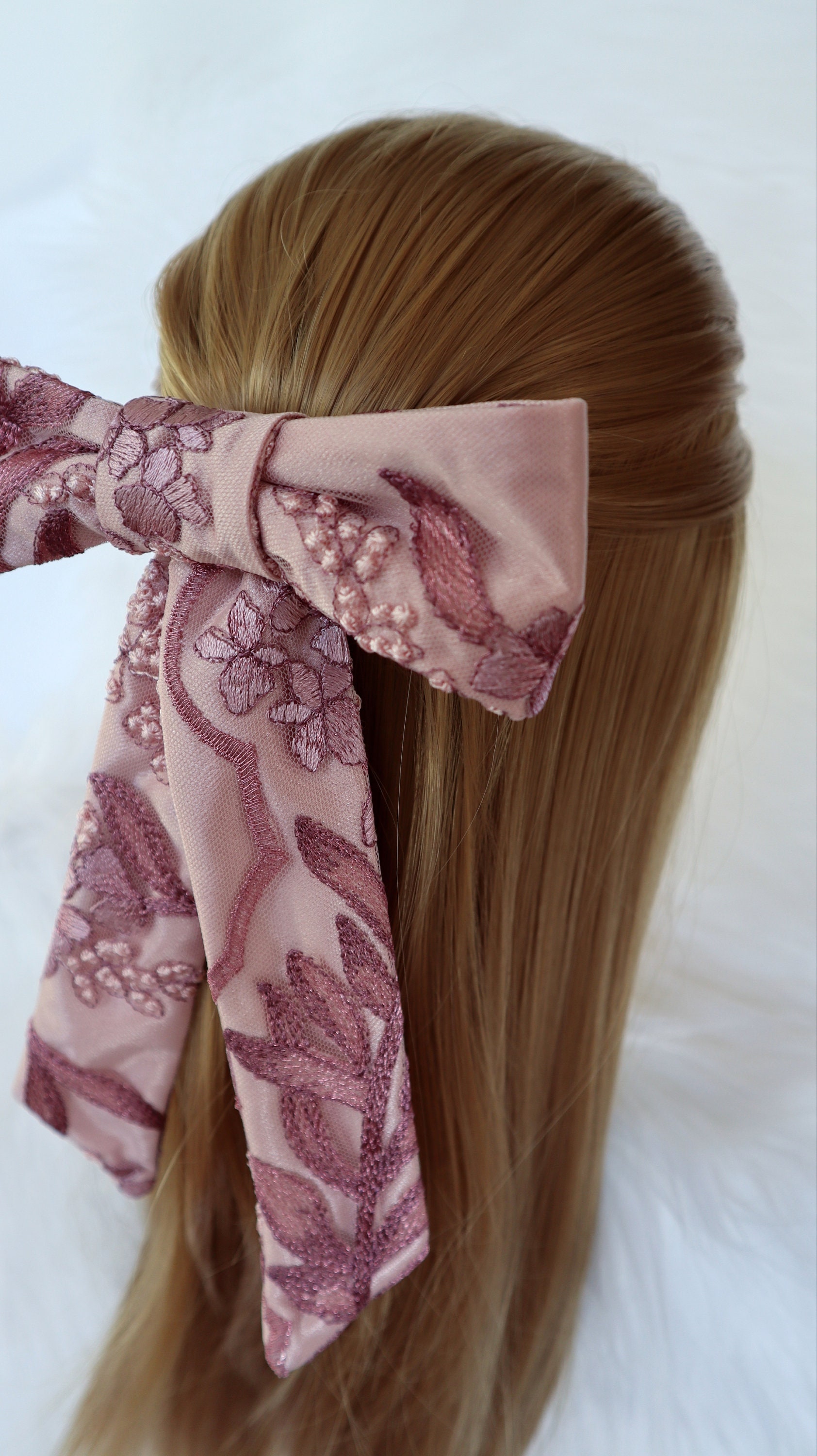 Women's Silk Satin Covered With Embroidery Lace Bow in Pink and Light ...