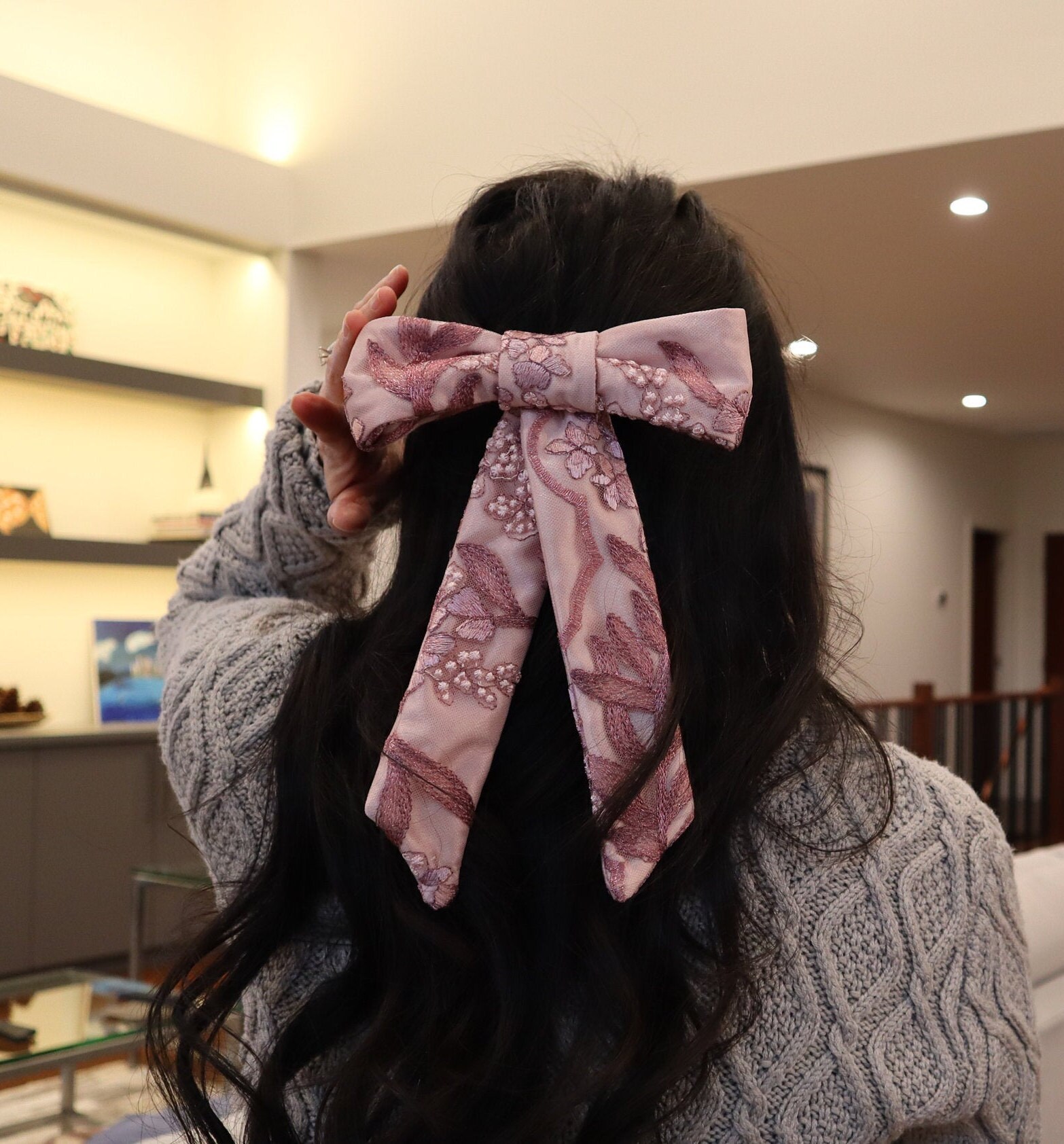 Women's Silk Satin Covered With Embroidery Lace Bow in Pink and Light ...