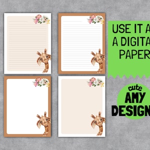 Printable Stationery Paper Set US Letter and A4 Size, Cute Giraffe ...