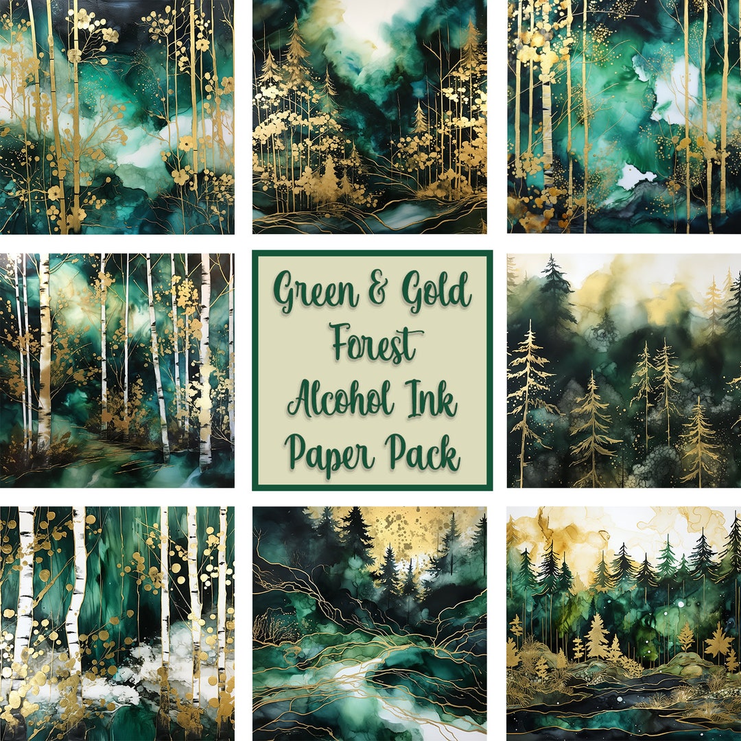 8 Pack Green & Gold Forest Alcohol Ink Paper Green and Gold Forest ...