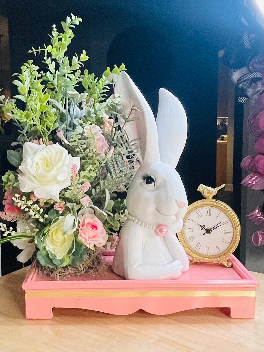 Easter Centerpiece, Spring Decor, White Rabbit Arrangement, Bunny With ...