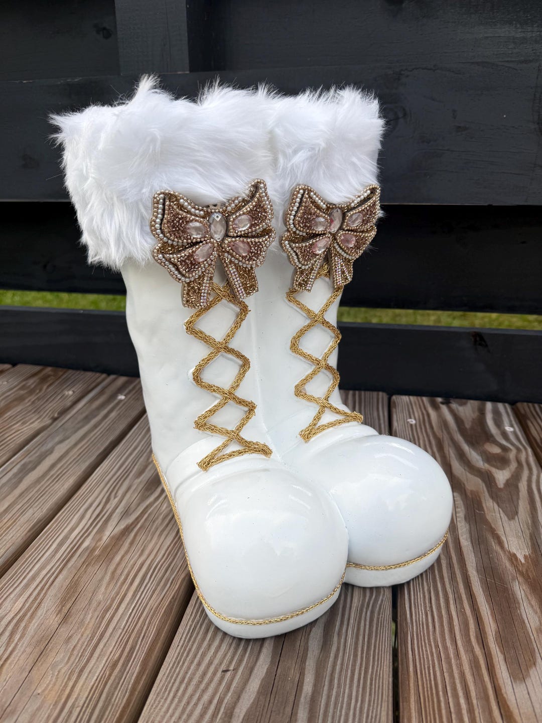 Elegant White Christmas Boots Décor With Beaded Bows, Faux Fur & Gold ...