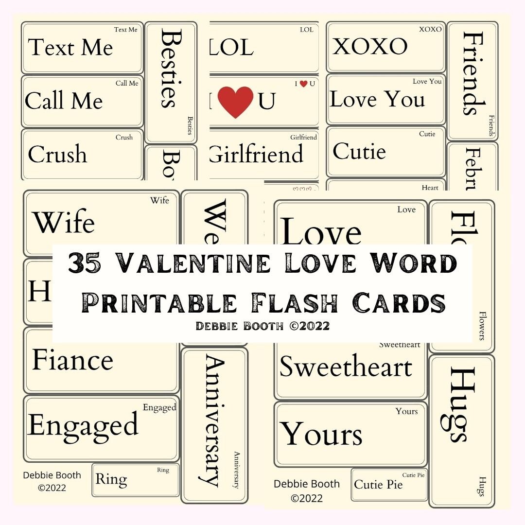 Valentine and Love Words Printable Flash Cards 35 Cards Print Cut and ...