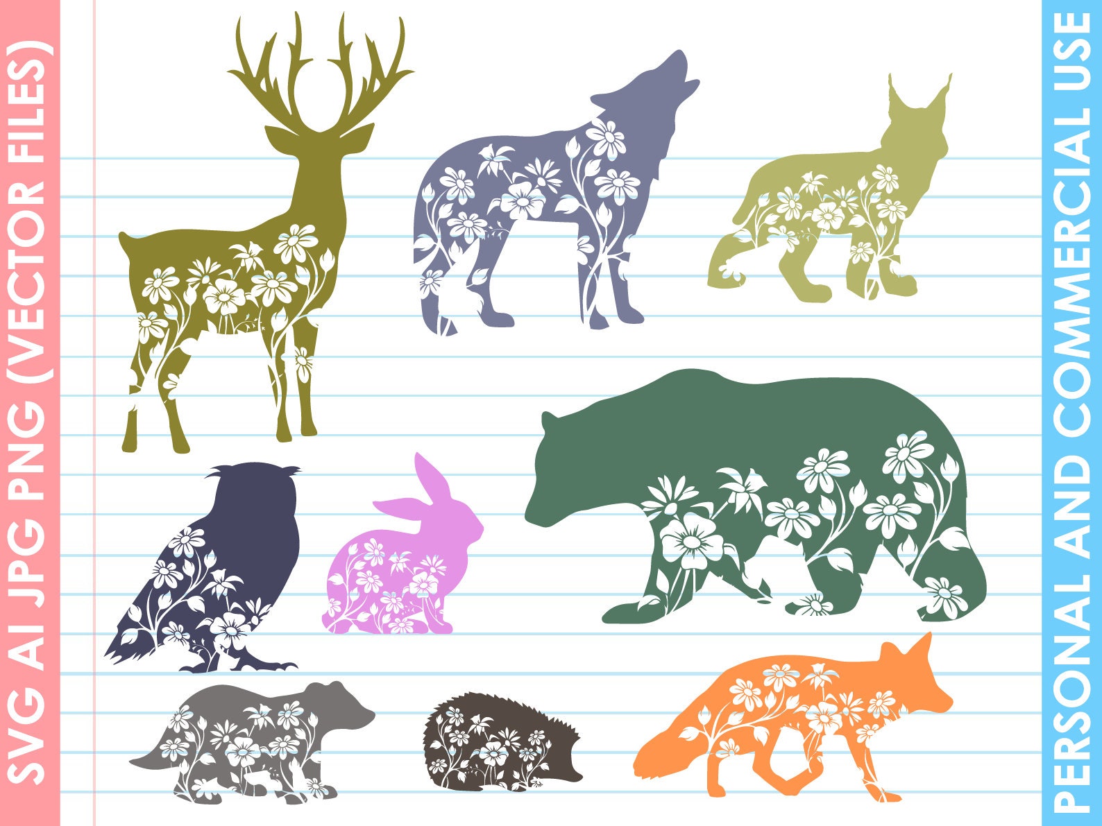Floral Animal Svg, Bundle Svg, Floral Animal Silhouette SVG, Animal Svg ...