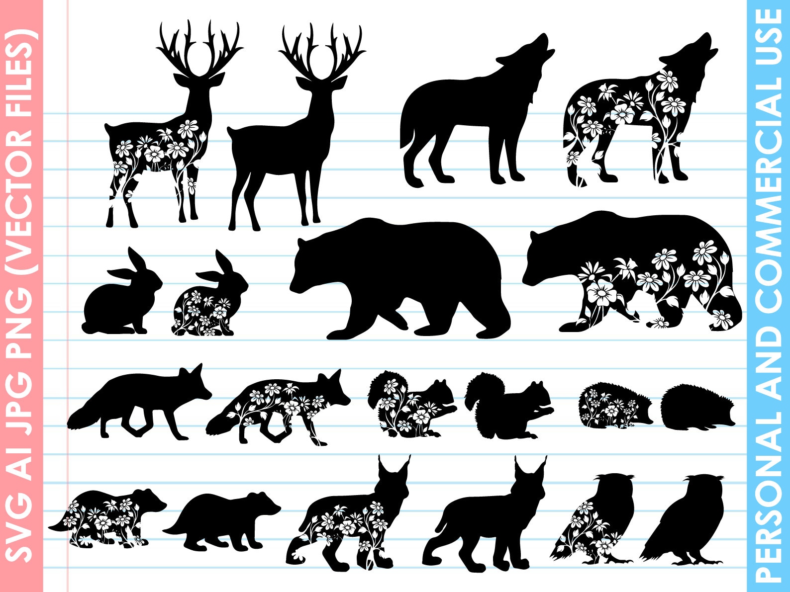 Floral Animal Svg, Bundle Svg, Floral Animal Silhouette SVG, Animal Svg ...