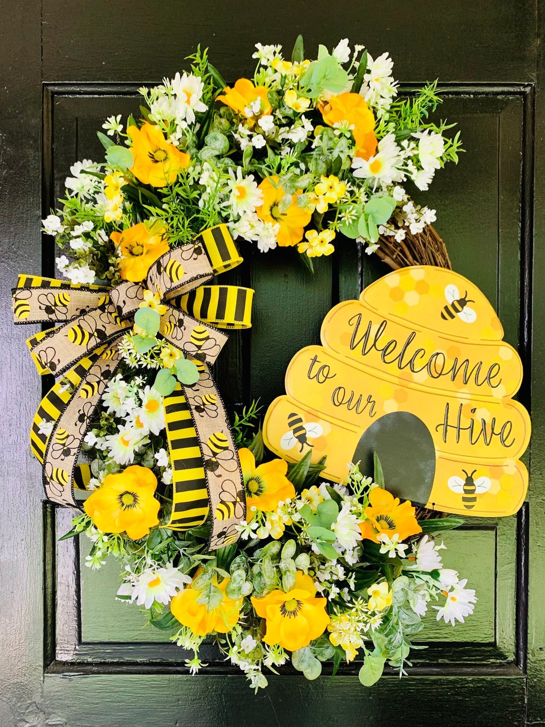 Bee Wreath for Front Door, Bee Wreath With Sign, Bumble Bee Grapevine ...