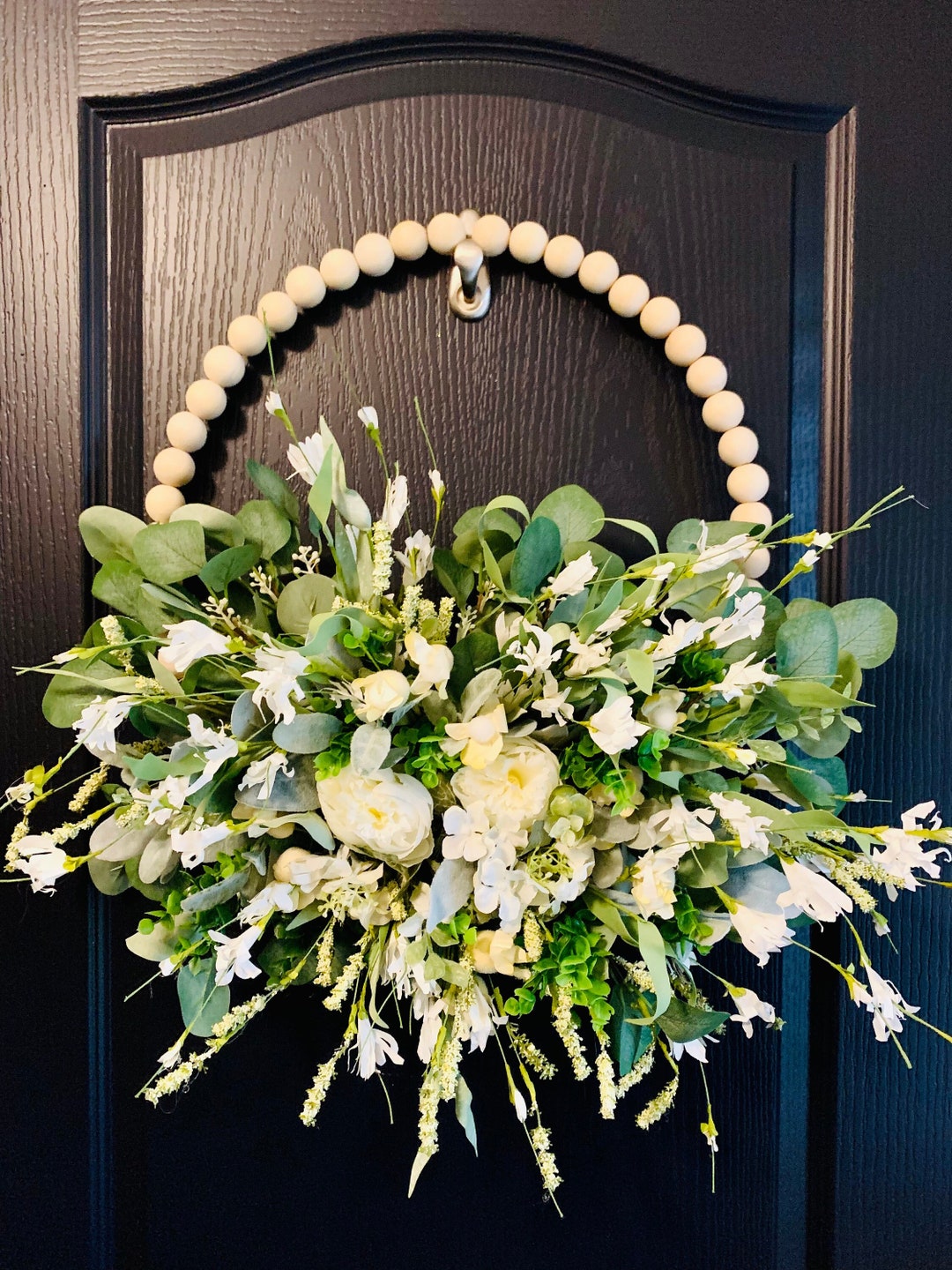 Spring Wreath With Lambs Ear, Greenery Wreath With White Flowers, Wood ...