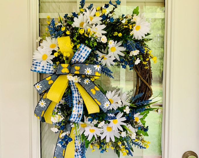 Daisy Grapevine Wreath for Front Door White Daisy and Blue - Etsy