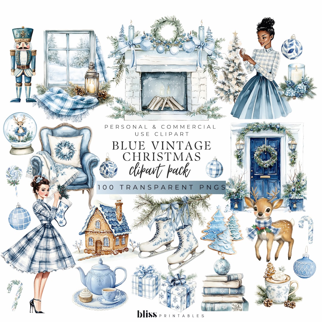 Blue Vintage Christmas Clipart Bundle | 100 Winter Pngs, Blue ...