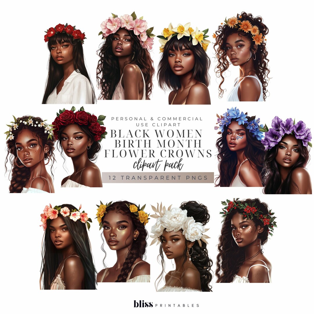 Black Women Floral Crown Clipart | Birth Month Flower Illustrations ...