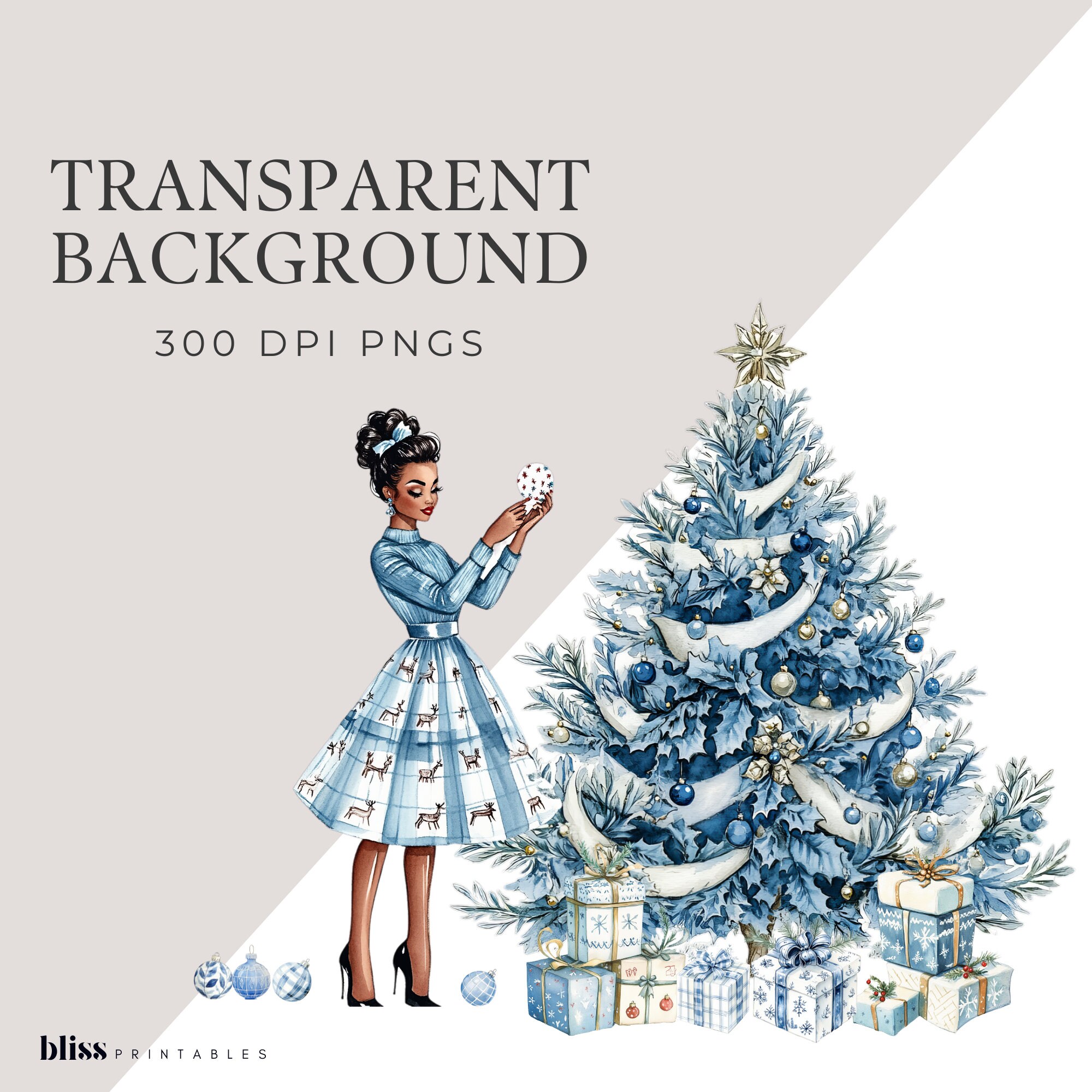 Blue Vintage Christmas Clipart Bundle | 100 Winter Pngs, Blue ...