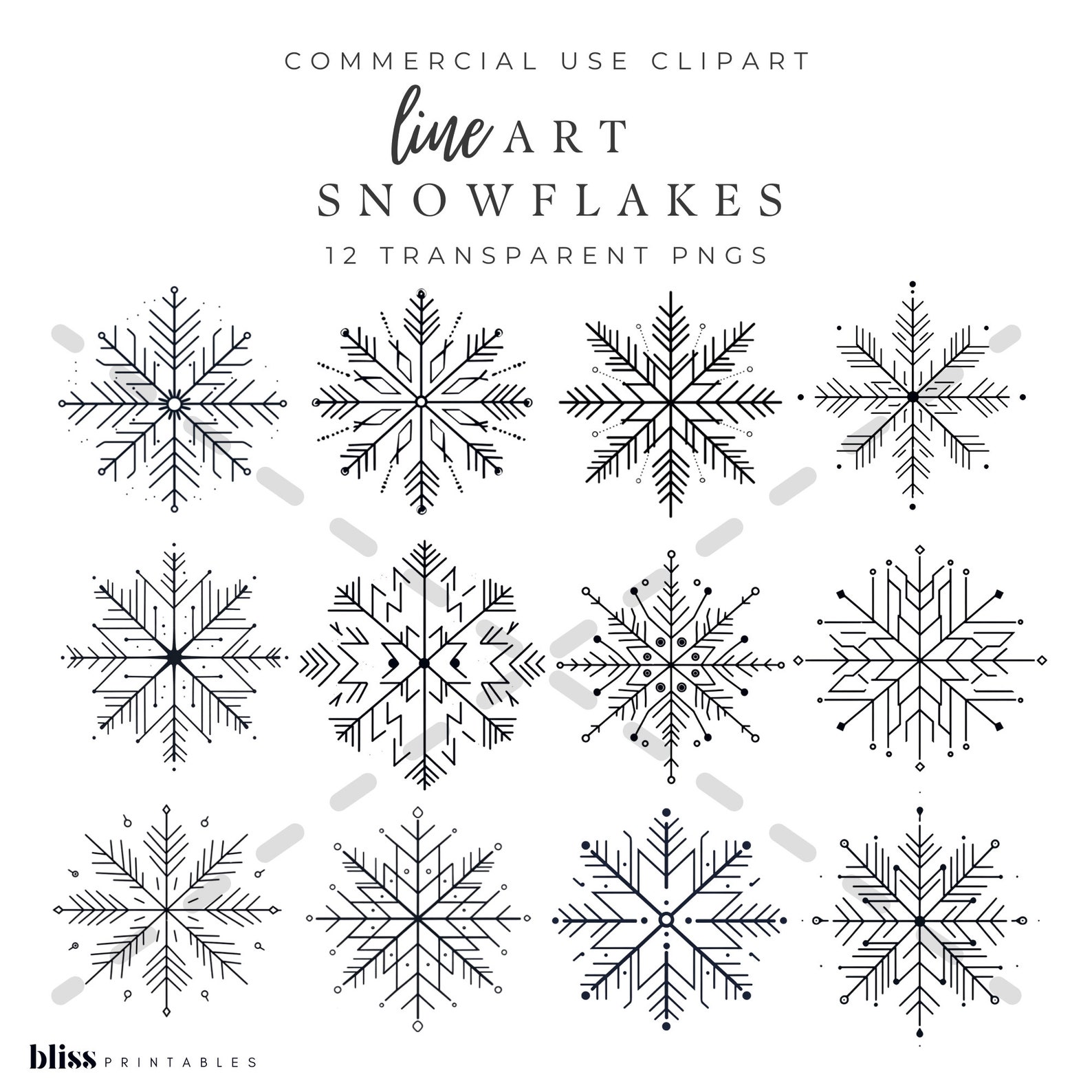 Minimalist Black Line Art Snowflakes Clipart - 12 Pngs | Cards, Gift ...