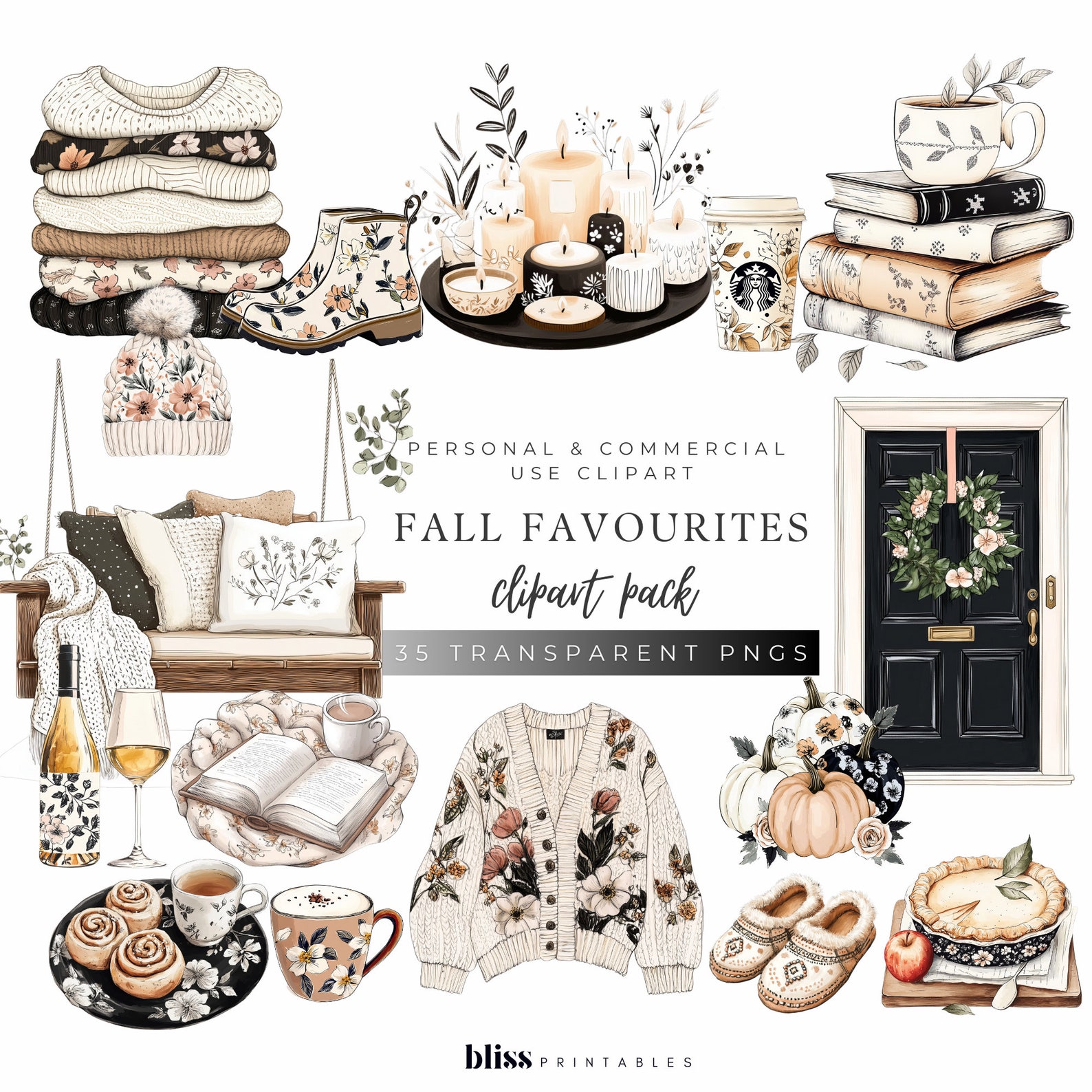 Cozy Minimal Fall Favourites Clipart | 35 Fall/autumn Pngs | Neutral ...