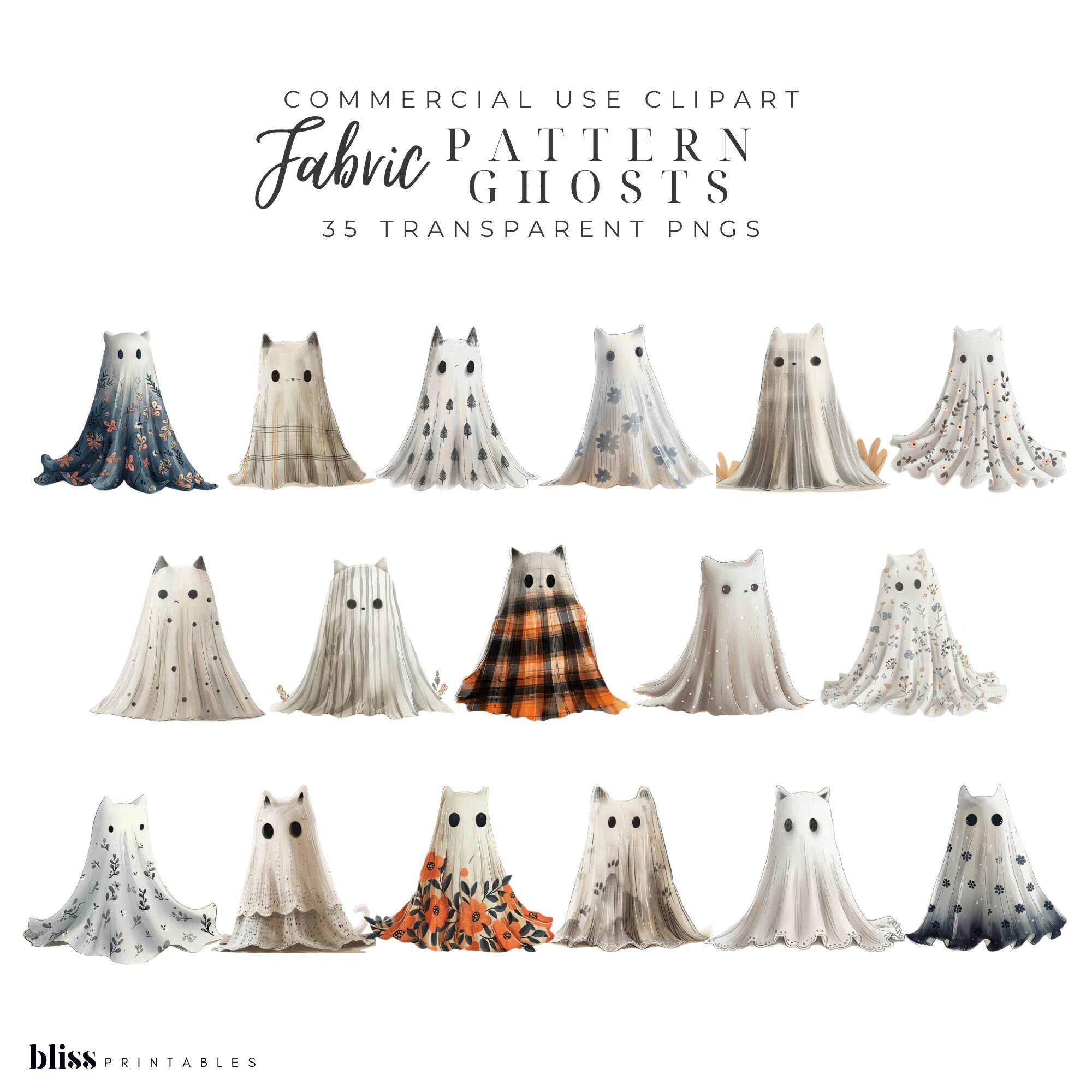 Halloween Ghost Cat Clipart: Patterned Sheet Designs (digital Download ...