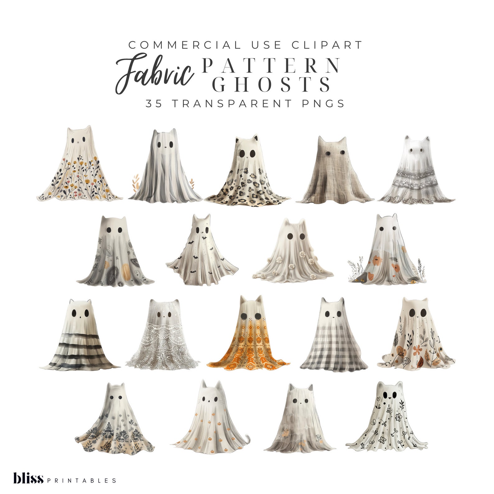 Halloween Ghost Cat Clipart: Patterned Sheet Designs (digital Download ...