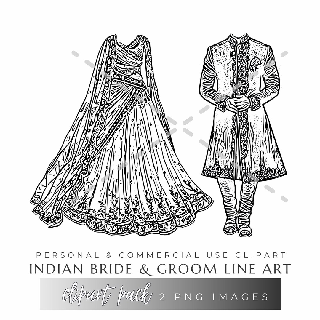 Indian Bride & Groom Line Art Clipart: Desi Wedding (instant Download ...