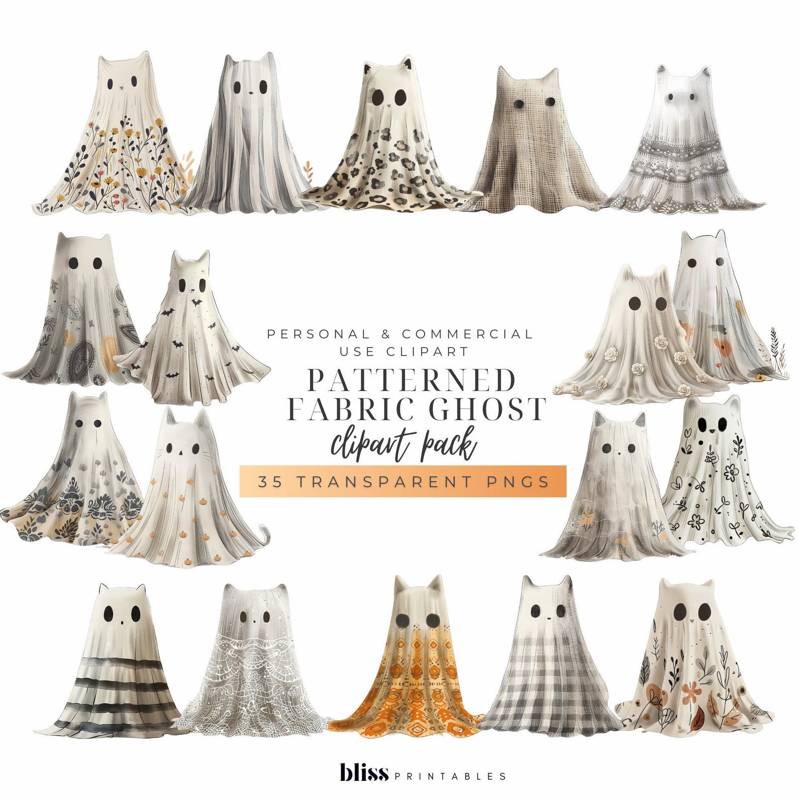 Halloween Ghost Cat Clipart: Patterned Sheet Designs (digital Download ...