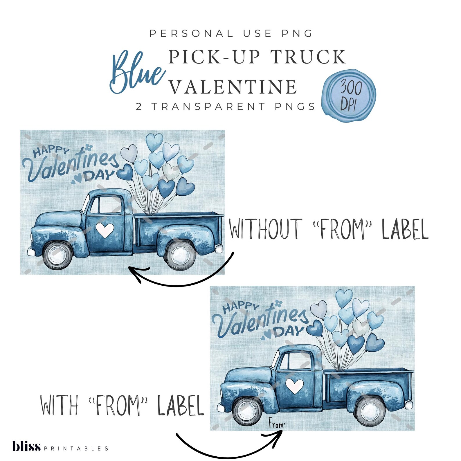 Blue Truck Valentine's Day PNG: Balloons, DIY Card (instant Download ...