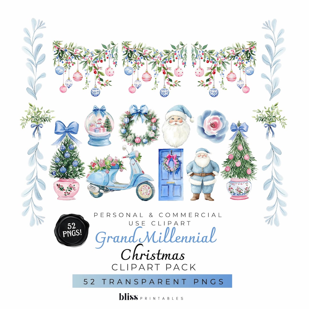 Blue Christmas Clipart: Grand Millennial Chinoiserie Pngs (digital ...