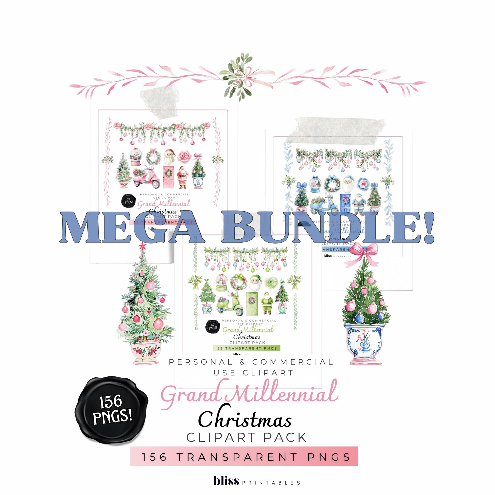 Grand Millennial Christmas Clipart Bundle: Pink, Blue, Green ...