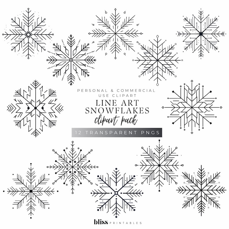 Minimalist Black Line Art Snowflakes Clipart 12 Pngs Cards, Gift Tags ...