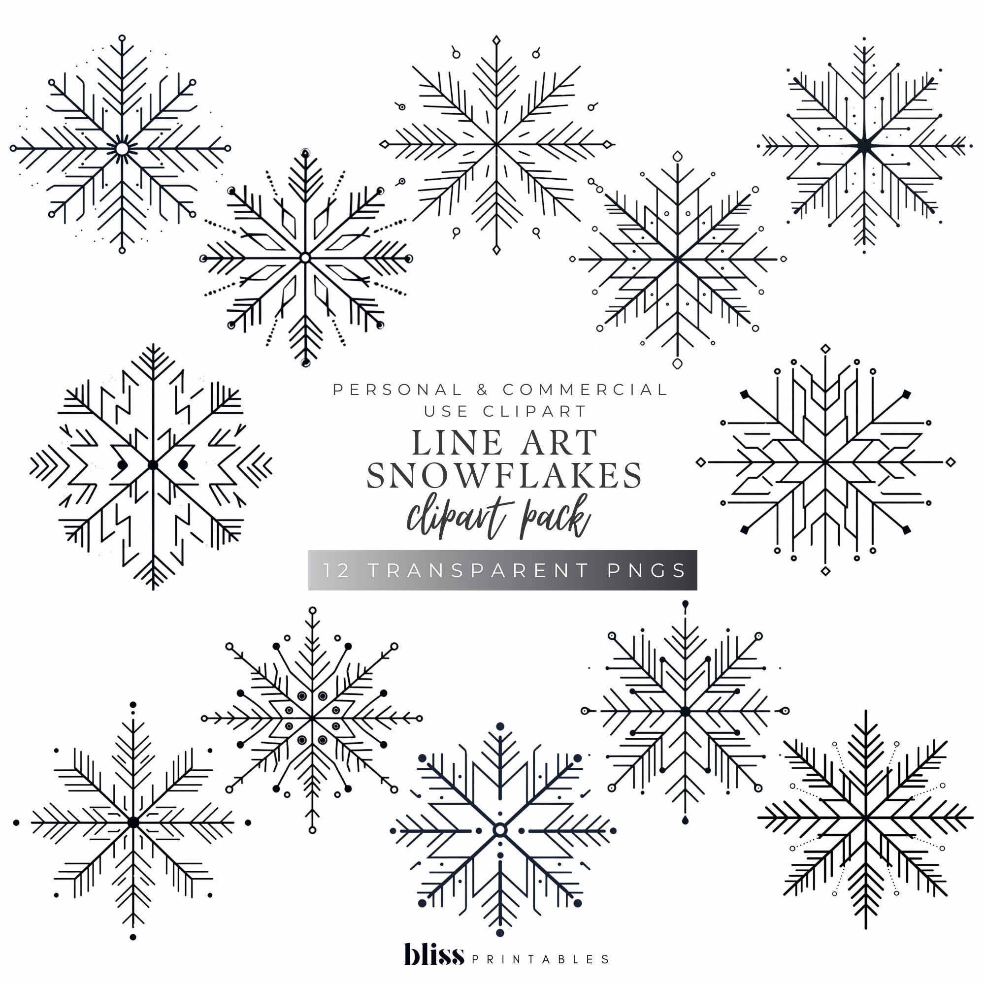Minimalist Black Line Art Snowflakes Clipart - 12 Pngs | Cards, Gift ...