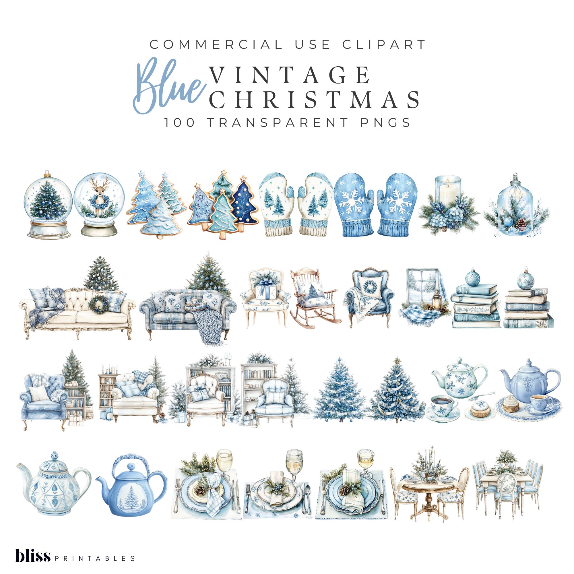 Blue Vintage Christmas Clipart Bundle | 100 Winter Pngs, Blue ...