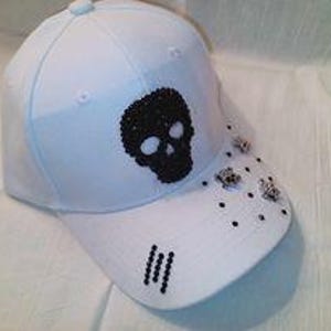 Skull Skeleton Cross Bones Rhinestone Custom Made by Hand White Ballcap ...