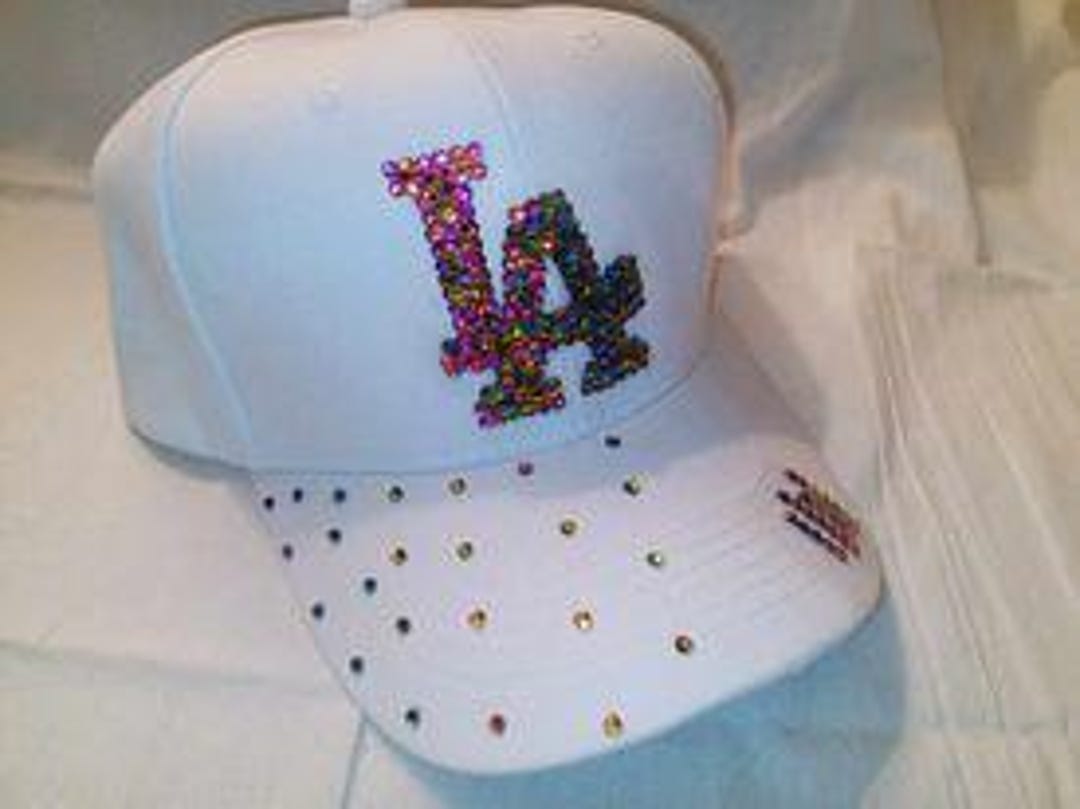 LA Los Angeles Rhinestone Custom Made by Hand White Ballcap Hat Cap ...