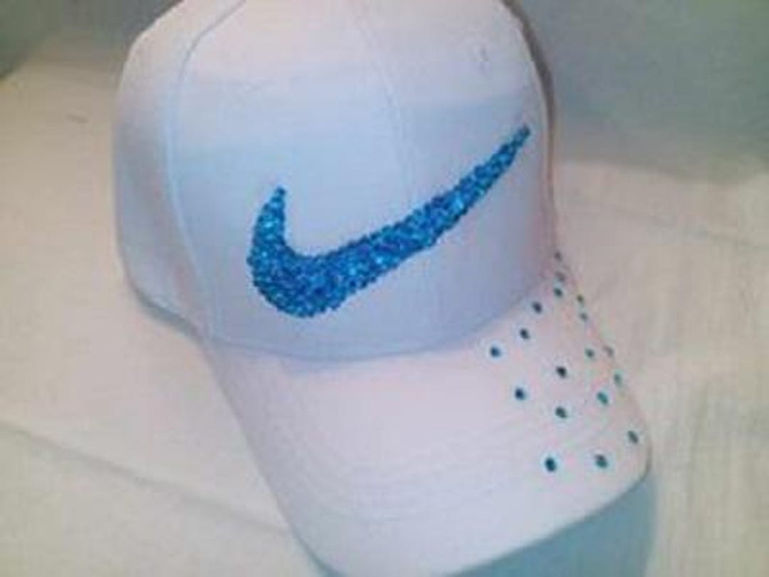 Swoosh Checkmark Aqua Rhinestone Custom Made by Hand White Ballcap Hat ...