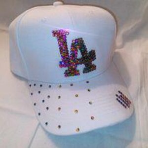 LA Los Angeles Rhinestone Custom Made by Hand White Ballcap Hat Cap ...