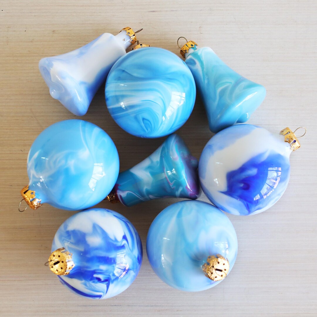 Set of Eight Vintage Handblown Glass Blue Marbled Ornaments / Bell and ...