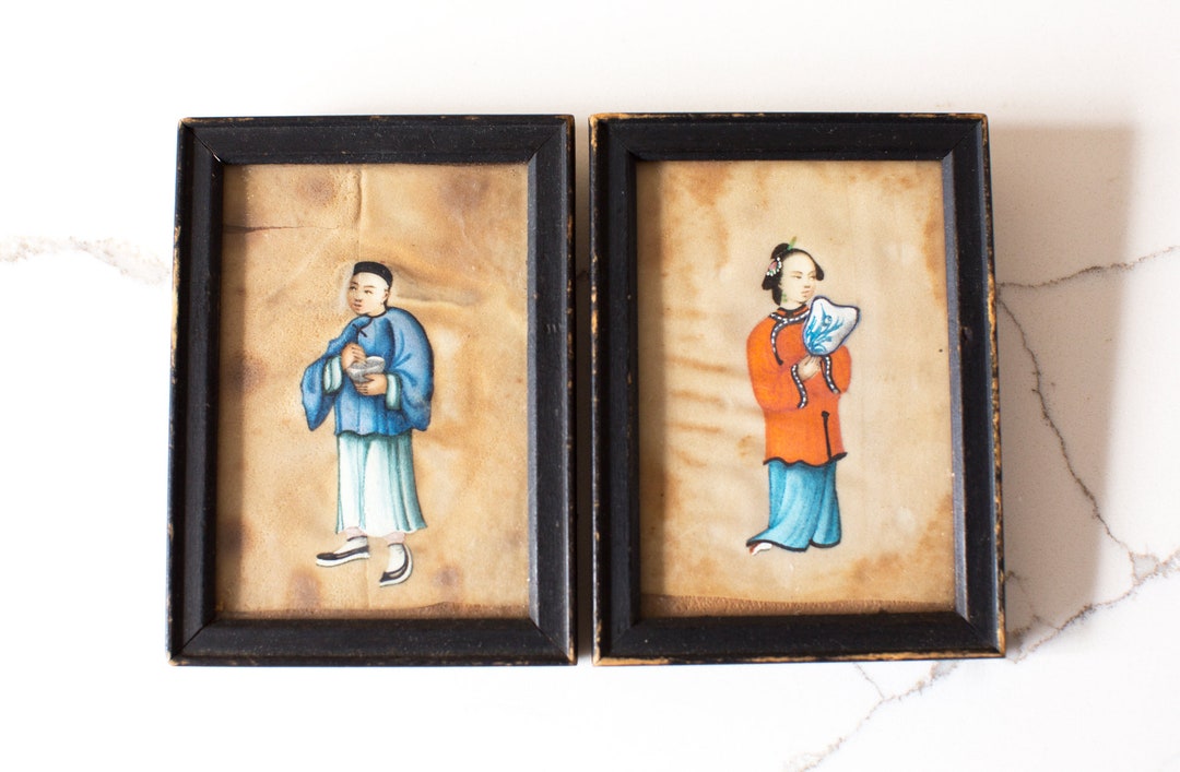 Antique Asian Paintings on Rice Paper / Small Original Artwork / Framed ...